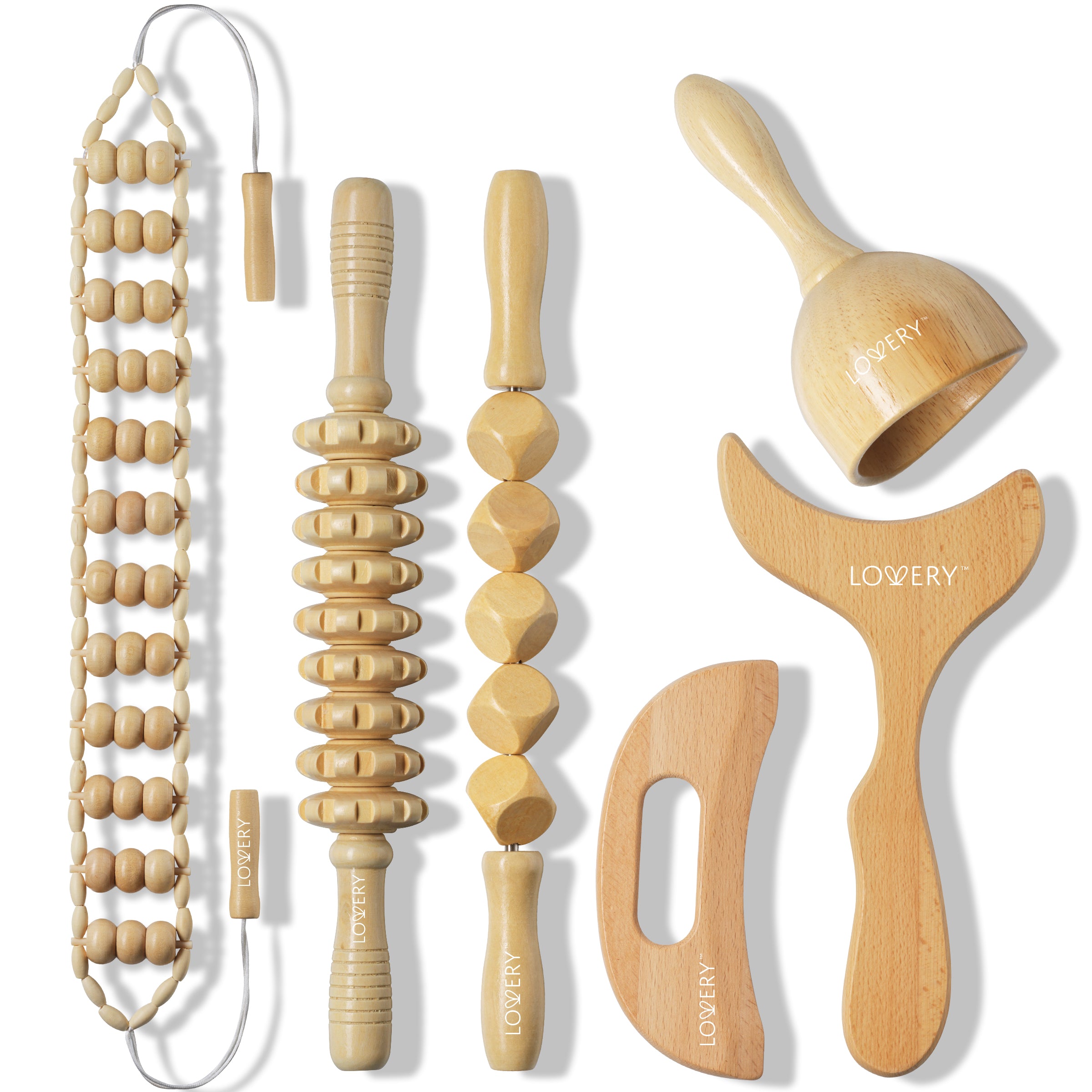 Wooden Massage Tool Kit - 6pc Natural Wood Therapy Set for Body Sculpt ...