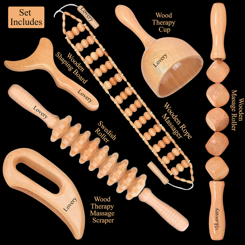 Wooden Massage Tool Kit - 6pc Natural Wood Therapy Set for Body Sculpt ...