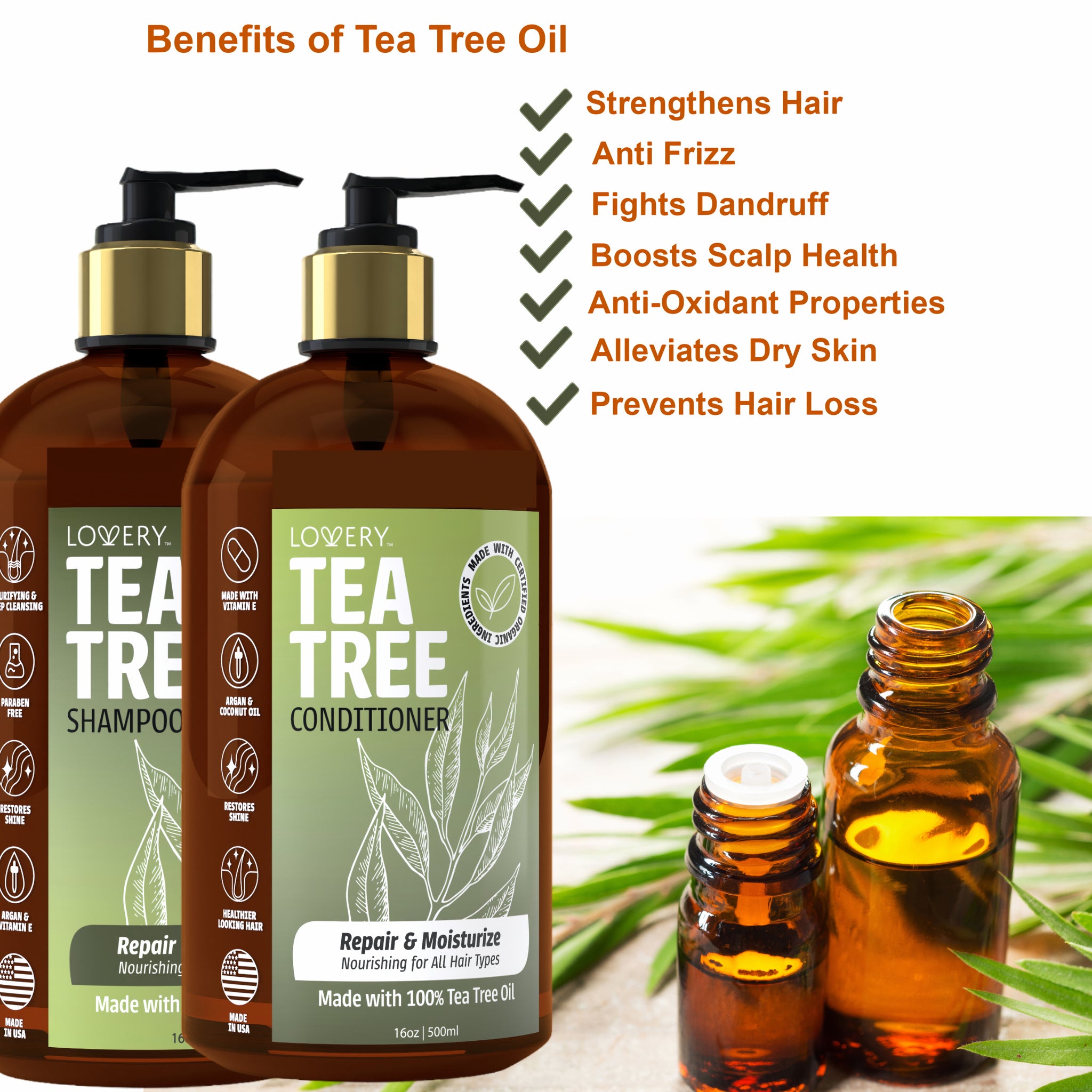 Men's Tea Tree Shampoo & Conditioner Set - 32oz Made in USA | Lovery